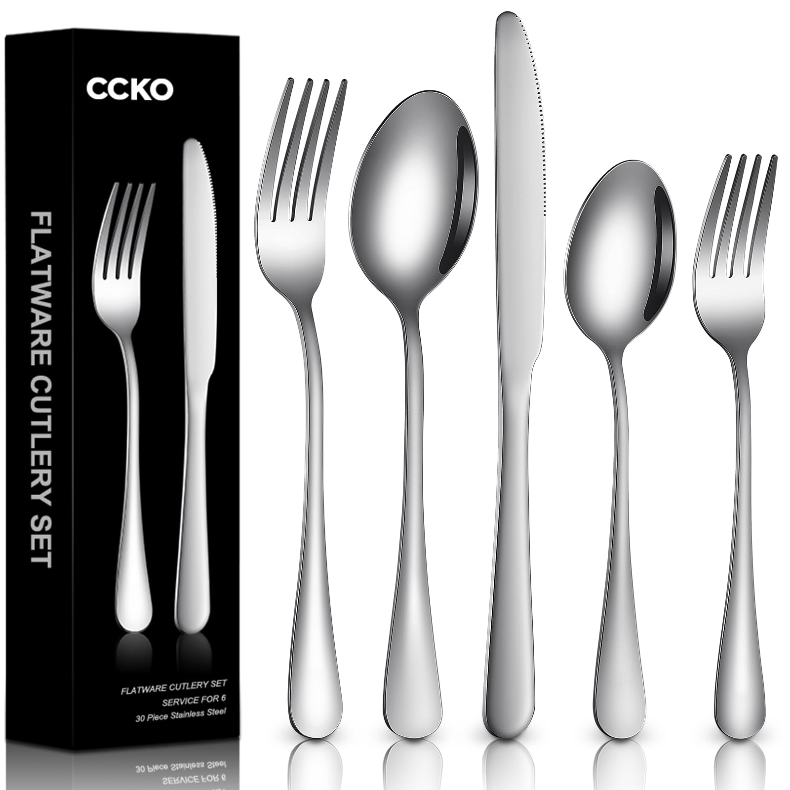 Silverware Set for 6 Premium Stainless Steel Cutlery Set Mirror Polished Flatware Set 30 Piece Knife Forks and Spoons Silverware Set Food-Grade Tableware Utensils Set for Restaurant Dishwasher Safe