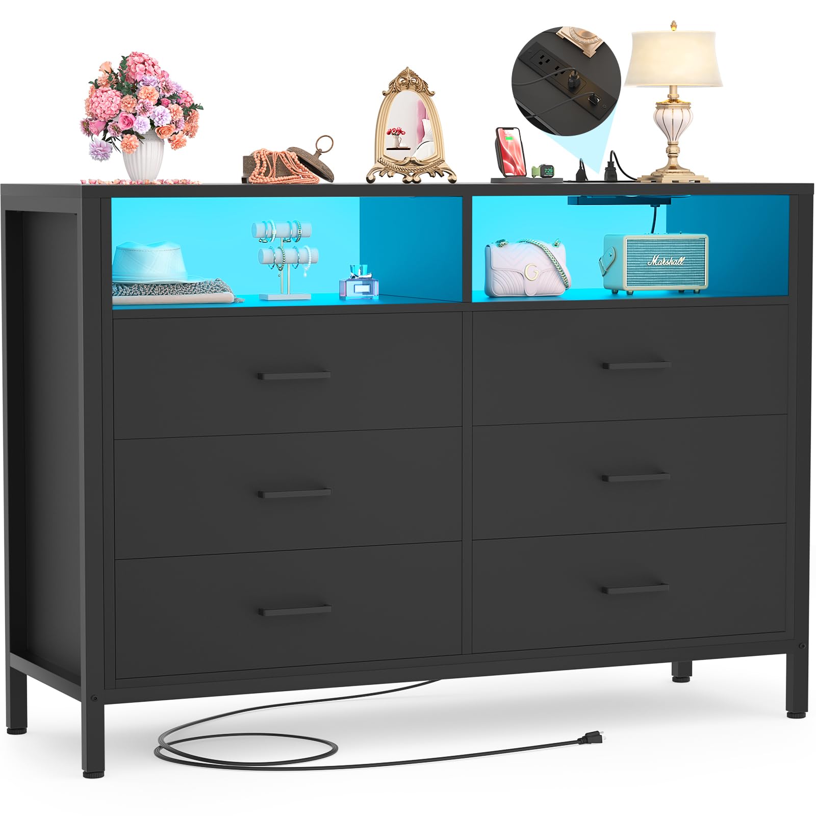 Hyomdeck Black Dresser for Bedroom, 6 Drawer Dresser with LED Lights and Power Outlet, Wood Dresser, Tall Chest of Drawer Storage Organizer, Dresser TV Stand for Living Room, Hallway, Entryway