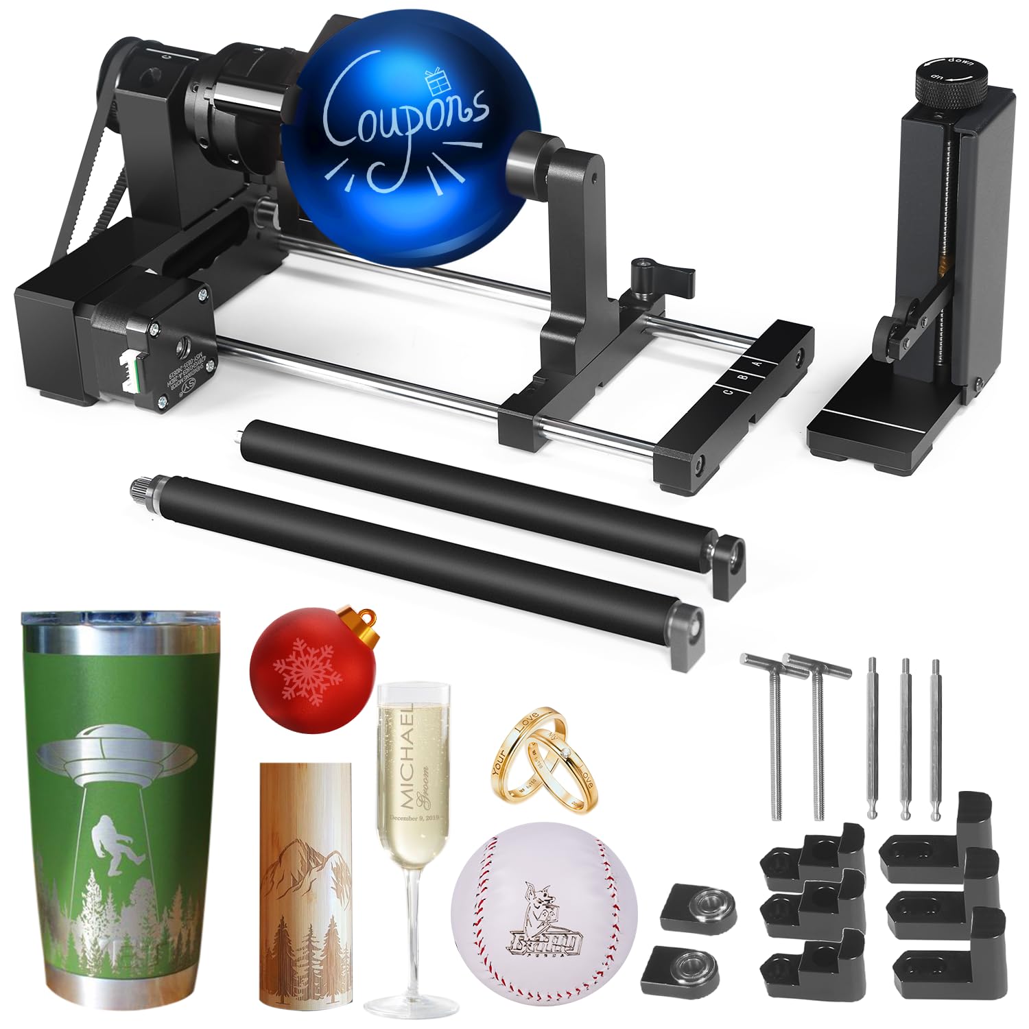 Comgrow 4-in-1 Y-axis Rotary Roller, Suitable for Most Laser Engraving Machines, with 3 Types of Claws and Pins, for Engraving Cylindrical and Spherical Objects, Wine Glass, Tumbler, Rings