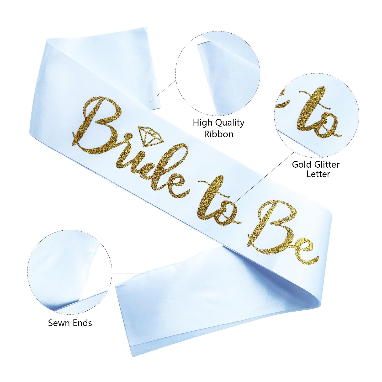 Ashaqshnglee Bride to Be Sash, Bachelorette Party Sash for Bridal Shower Wedding Party Favors Accessories Supplies Engagement Gifts,White Satin with Glitter Letter Gold