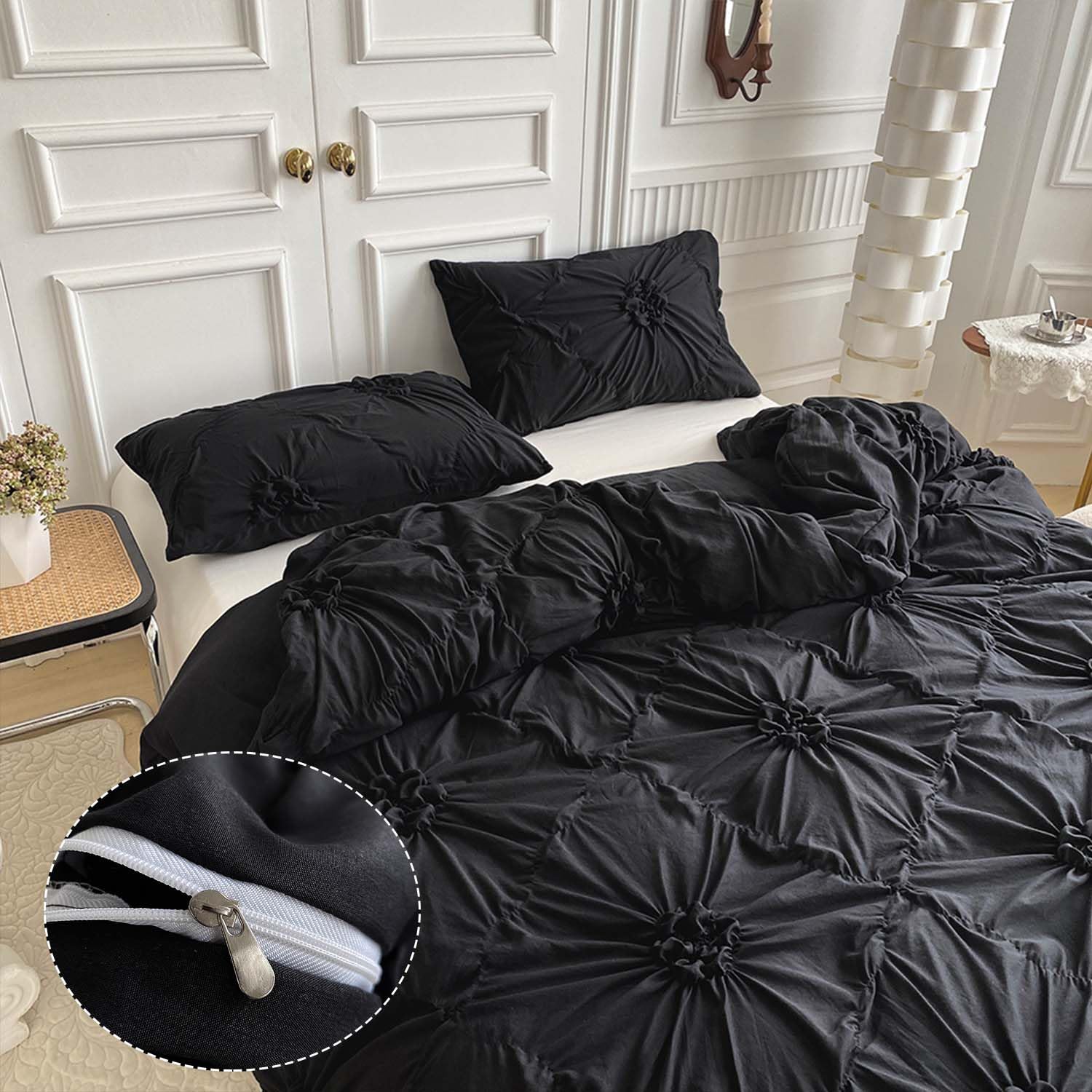 MEBAMY Queen Duvet Cover Set Black: Flower Microfiber 3 Pieces Bedding Cover Set Queen, Hotel Resort Style Comfort Cover Set with Zipper Closure, Soft Breathable Comfy