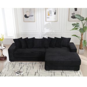 justone 111'' modern sectional sofa cloud couch for living room, l shaped sofa, corduroy,right chaise daybed with armrests,eight throw pillows,easy to assemble,black