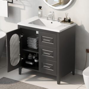 favfurish 24" bathroom vanity with sink,wooden storage cabinet with glass door and drawers,adjustable shelf,single undermount ceramic basin,for bath,easy to assemble,black