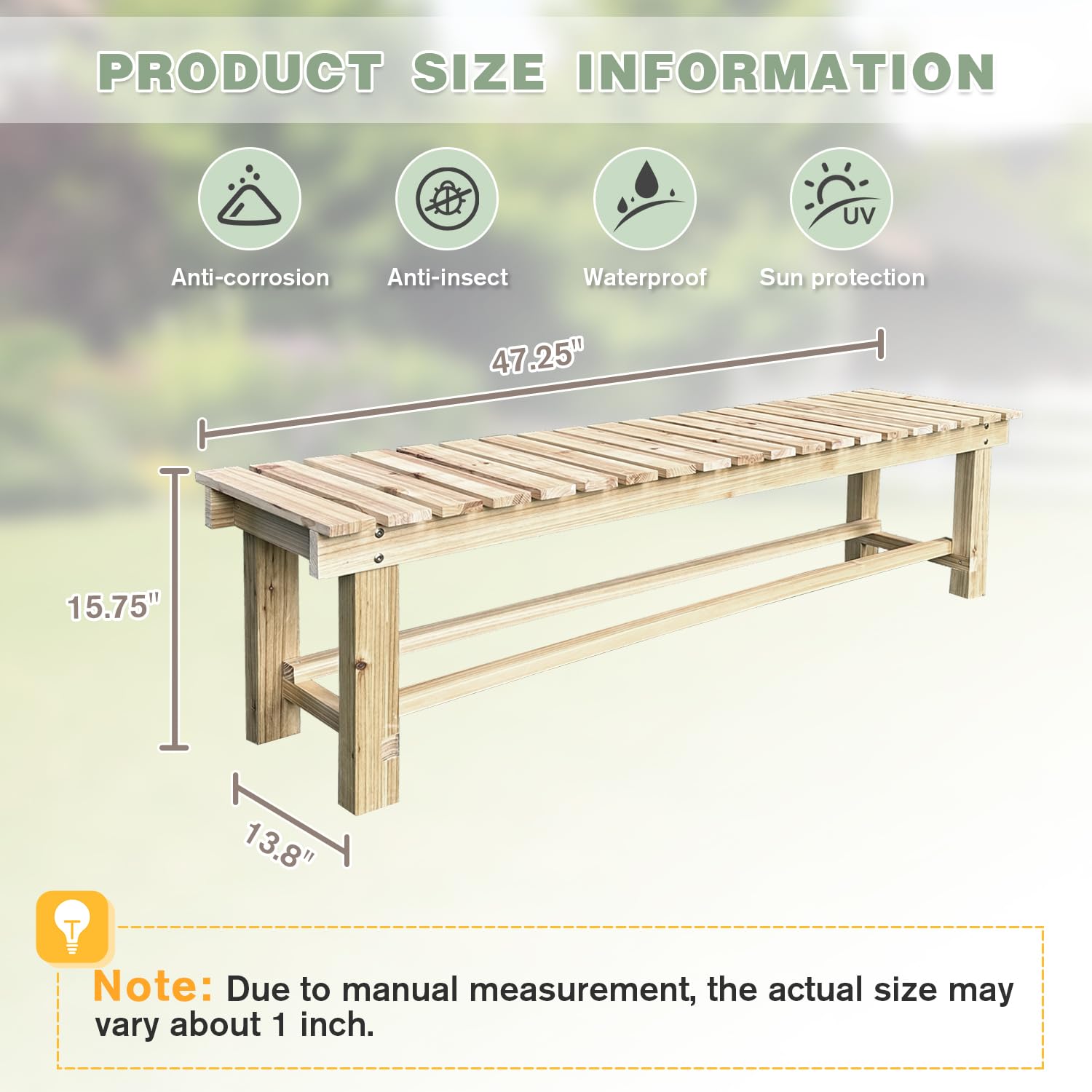 LSPYYDS Outdoor Garden Bench, 2-Person Wood Patio Bench Weatherproof Outdoor Backless Bench, Anti-Corrosion and Anti-Rust Garden Benches for Garden Lawn Porch Park Backyard (Natural,47.25''/120cm)