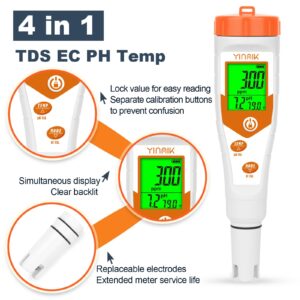 YINMIK Hydroponics EC pH Tester, Simultaneous Display pH ppm for Base Reservoir Water, Continuous Monitoring of pH Conductivity Temp. ppm for Growing Nutrients, Indoor DWC System, Aeroponic Garden