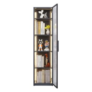 Holaki Display Cabinet with Glass Doors and Lights, 63" Tall Bookcase,5-Tier Storage Shelves, Single Door Metal Storage Cabinet,Trophy Case Display Cabinet for Collectibles,Display Case Cabinet,Grey