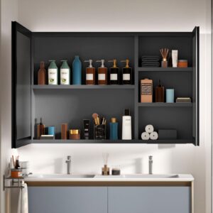 Lighted Medicine Cabinet with Mirror, Led Medicine Cabinet with Color Adjustment and Anti-Fog Mirror, Easy to Install 2 Doors Aluminum Wall Mounted Cabinet 31.5'' x 23.6'',Black