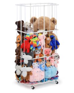 ebeneze metal stuffed animal storage, large stuffed animal zoo holder, kids toy storage organizer with wheel and elastic string, plush storage shelf for kids room, bedroom, playroom, nursery, white