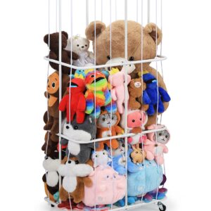 Ebeneze Metal Stuffed Animal Storage, Large Stuffed Animal Zoo Holder, Kids Toy Storage Organizer with Wheel and Elastic String, Plush Storage Shelf for Kids Room, Bedroom, Playroom, Nursery, White