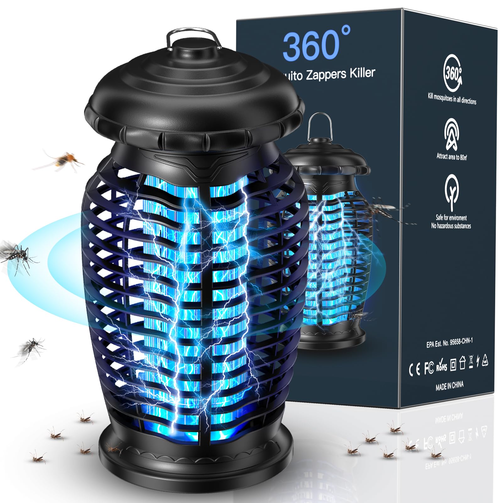 Bug Zapper Outdoor 4200V Electronic Mosquito Zapper Fly Traps Outdoor Mosquito Repellent Killer Inside/Outside for Home, Patio, Backyard, Black