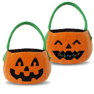 yourbestmemory set of 2pcs, dia 11", halloween plush pumpkin basket trick or treat bags halloween candy bucket, gift bucket for halloween party favor supplies (pumpkin+pumpkin)