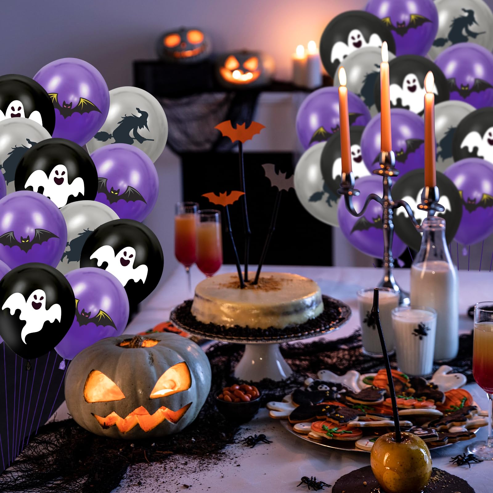 50Pcs Halloween Party Balloons Decorations Black Purple Silver Halloween Balloon 12 Inch Latex Balloons Bat Ghost Witch Balloon for Kids Halloween Trick or Treat Party Birthday Baby Shower Supplies