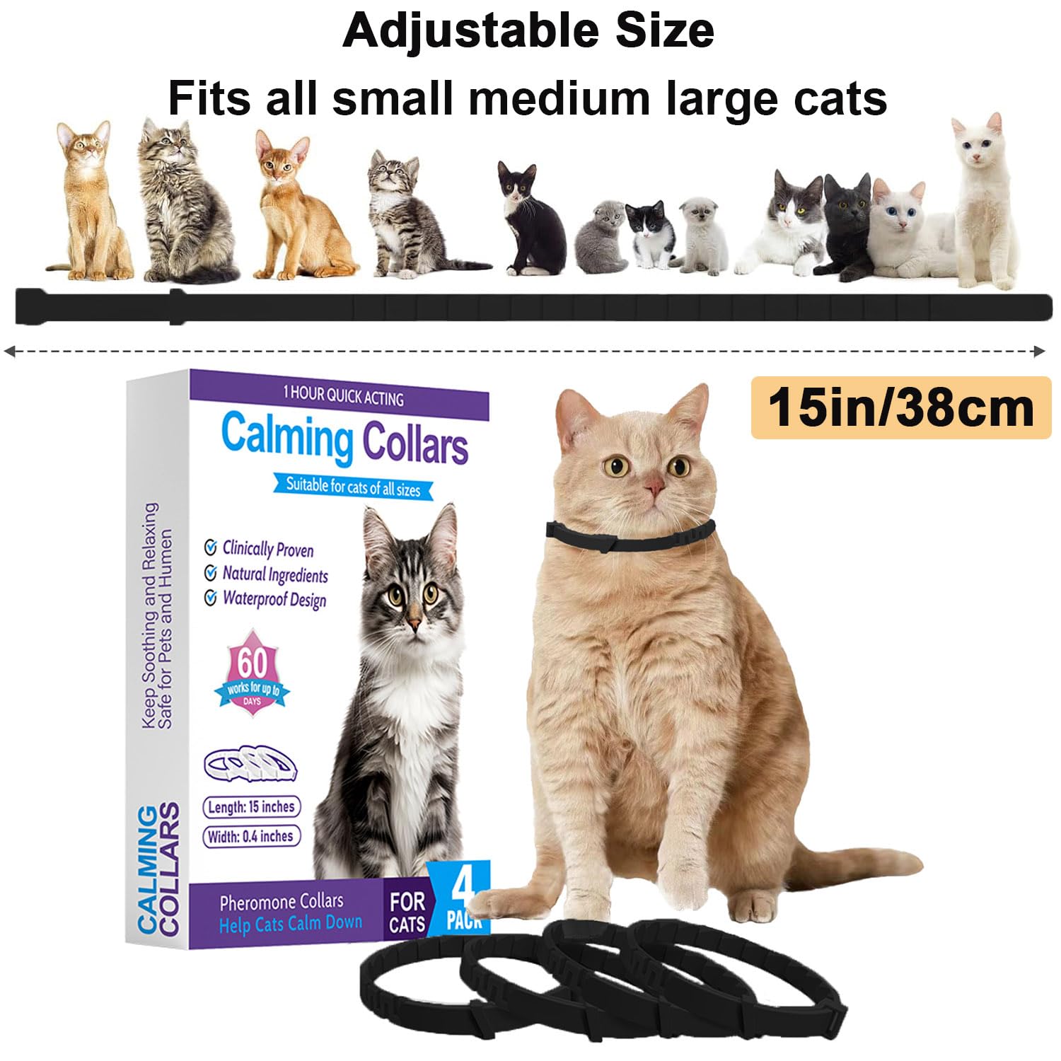 Calming Collar for Cats,Pheromone Collar for Cats, Cat Anxiety Relief for 60 Days,Adjustable, Water-Resistant & Breakaway Calming Collar Make Cat Relaxed 4 Pack