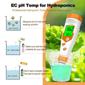 YINMIK Hydroponics EC pH Tester, Simultaneous Display pH ppm for Base Reservoir Water, Continuous Monitoring of pH Conductivity Temp. ppm for Growing Nutrients, Indoor DWC System, Aeroponic Garden