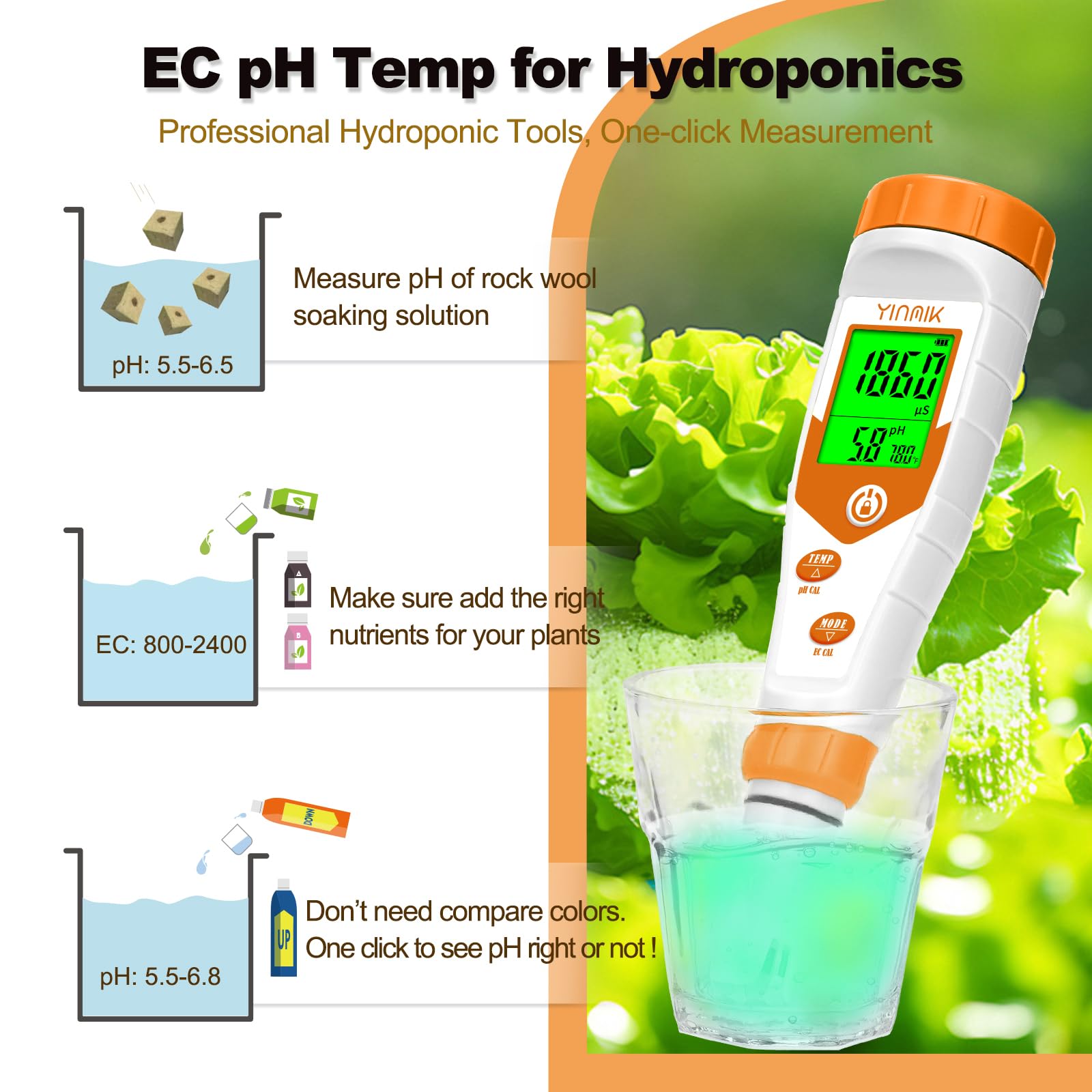 YINMIK Hydroponics EC pH Tester, Simultaneous Display pH ppm for Base Reservoir Water, Continuous Monitoring of pH Conductivity Temp. ppm for Growing Nutrients, Indoor DWC System, Aeroponic Garden