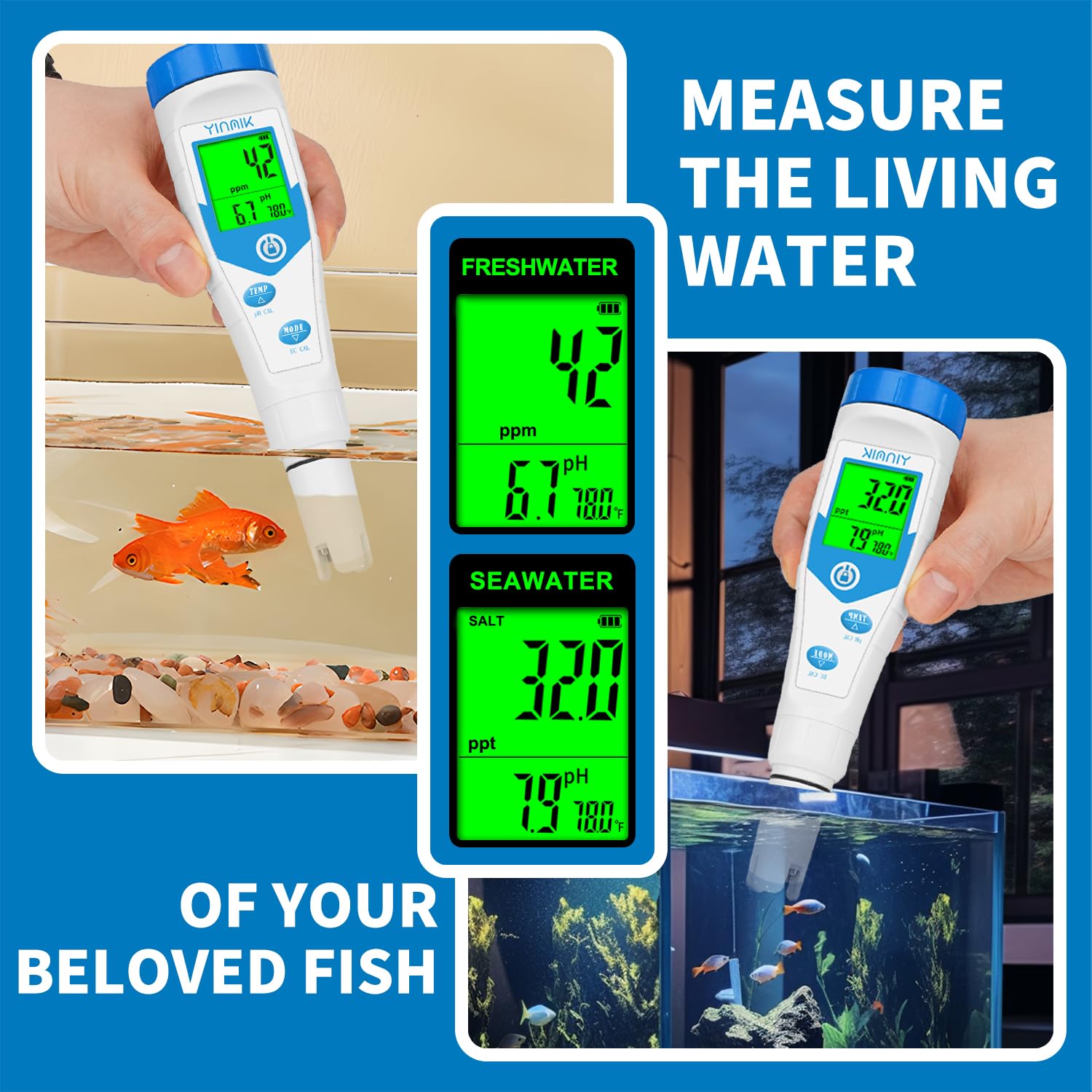 YINMIK pH Salt Meter for Home, Simultaneous Display of pH TDS for Household Water, 2024 New Upgraded 5 in 1 EC Temp Salt TDS pH Tester for Saltwater Pool,Hot Tubs,Home Brewing,Aquarium, Hydroponics