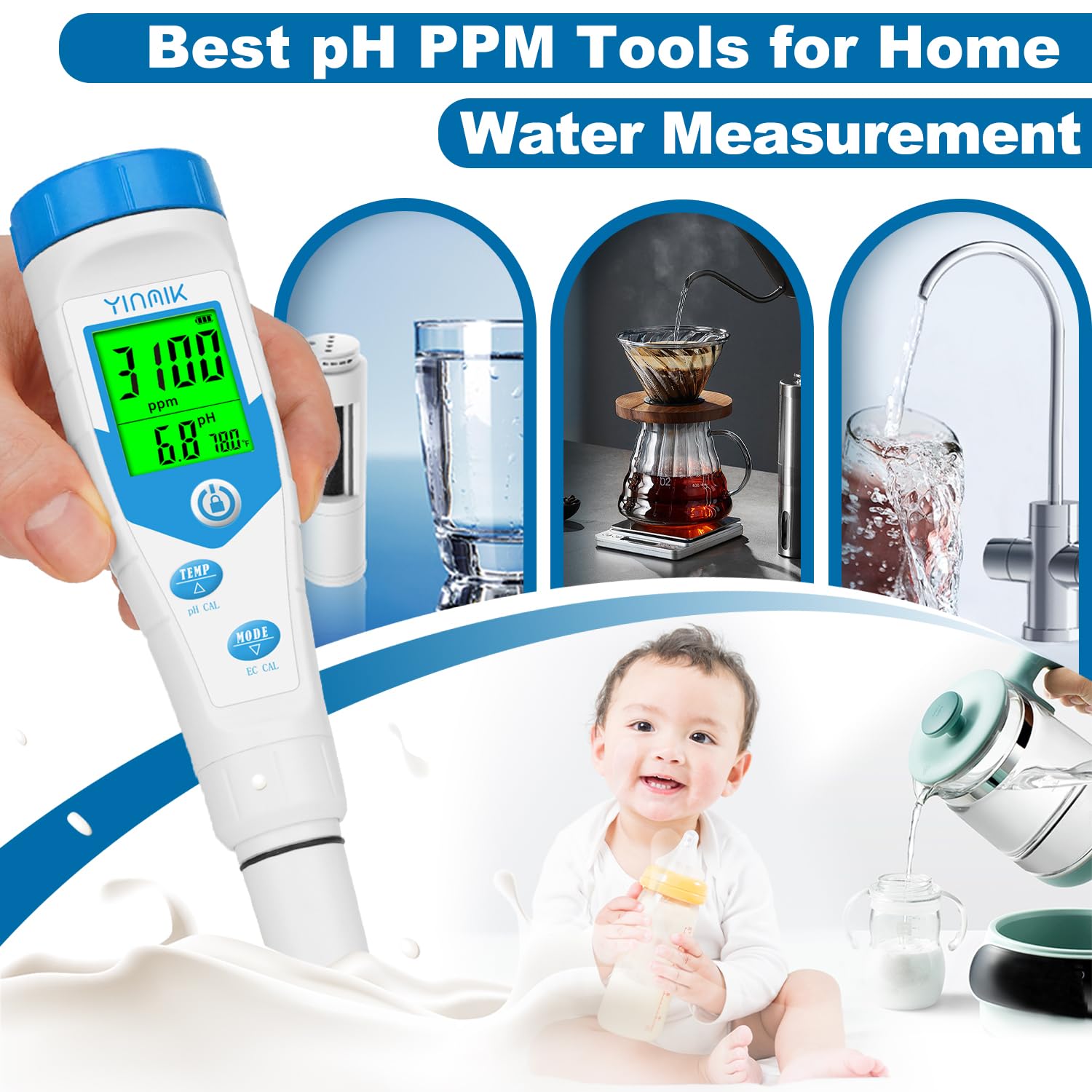 YINMIK pH Salt Meter for Home, Simultaneous Display of pH TDS for Household Water, 2024 New Upgraded 5 in 1 EC Temp Salt TDS pH Tester for Saltwater Pool,Hot Tubs,Home Brewing,Aquarium, Hydroponics