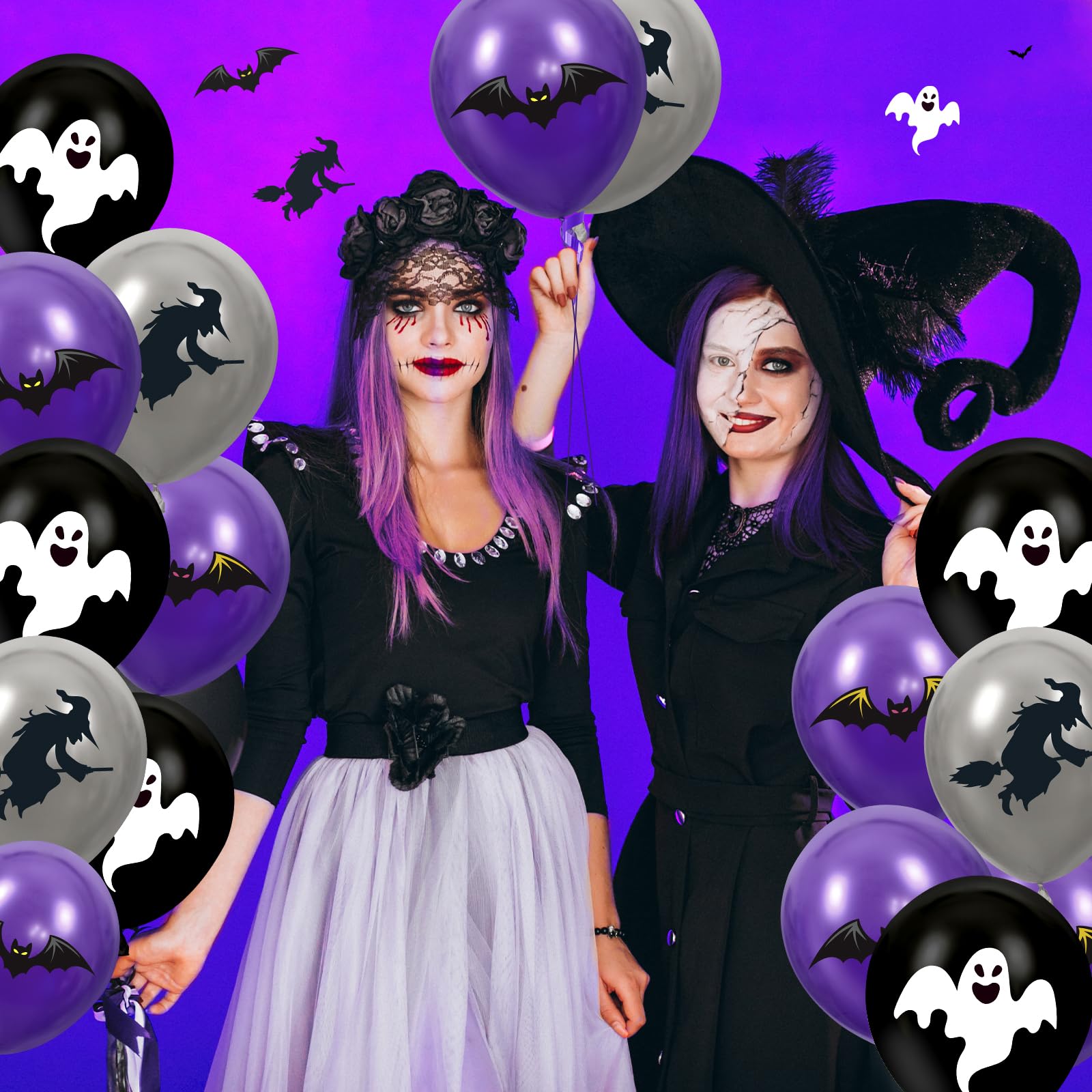 50Pcs Halloween Party Balloons Decorations Black Purple Silver Halloween Balloon 12 Inch Latex Balloons Bat Ghost Witch Balloon for Kids Halloween Trick or Treat Party Birthday Baby Shower Supplies