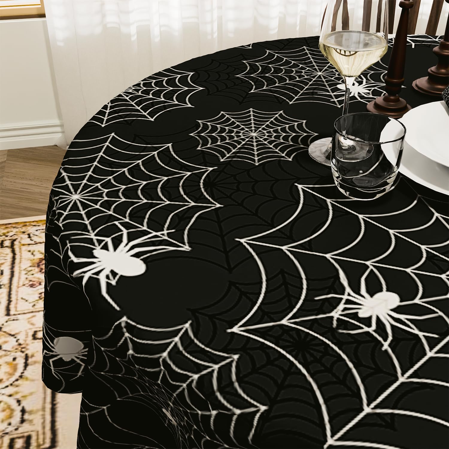 AUSHENKE Halloween Polyester Tablecloth Fabric Round Black Spider Web Tablecloth Halloween Round Washable Table Cover for Halloween Dinning Table Decorations, 55 Inch