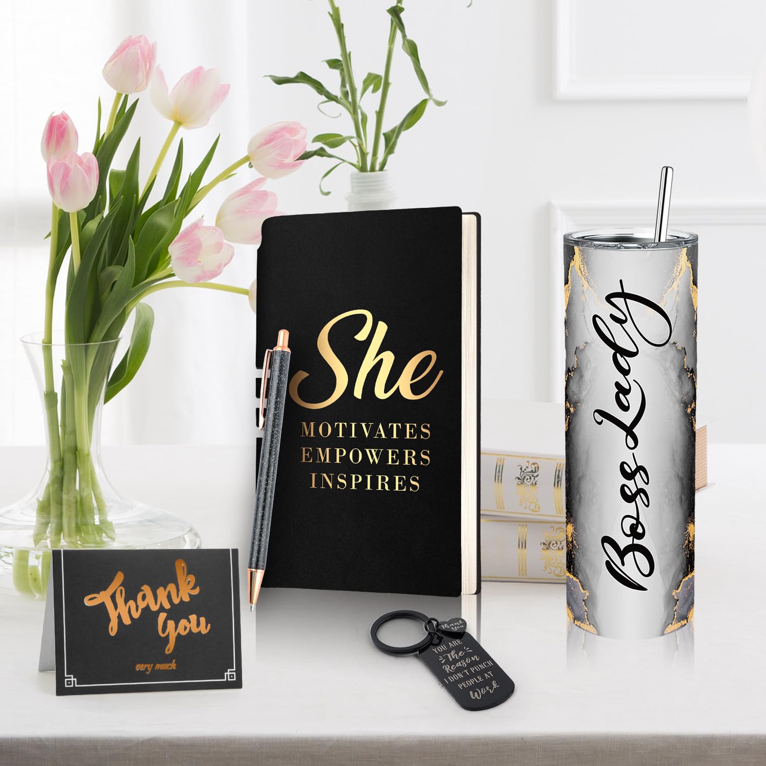 Boss Lady Gifts for Women, Best Boss Gifts for Women with 20 OZ Boss Lady Tumbler Notepad Ballpoints keychain Thank You Gift Cards, Boss Birthday Gifts & Boss Christmas Gifts for Women(Black)