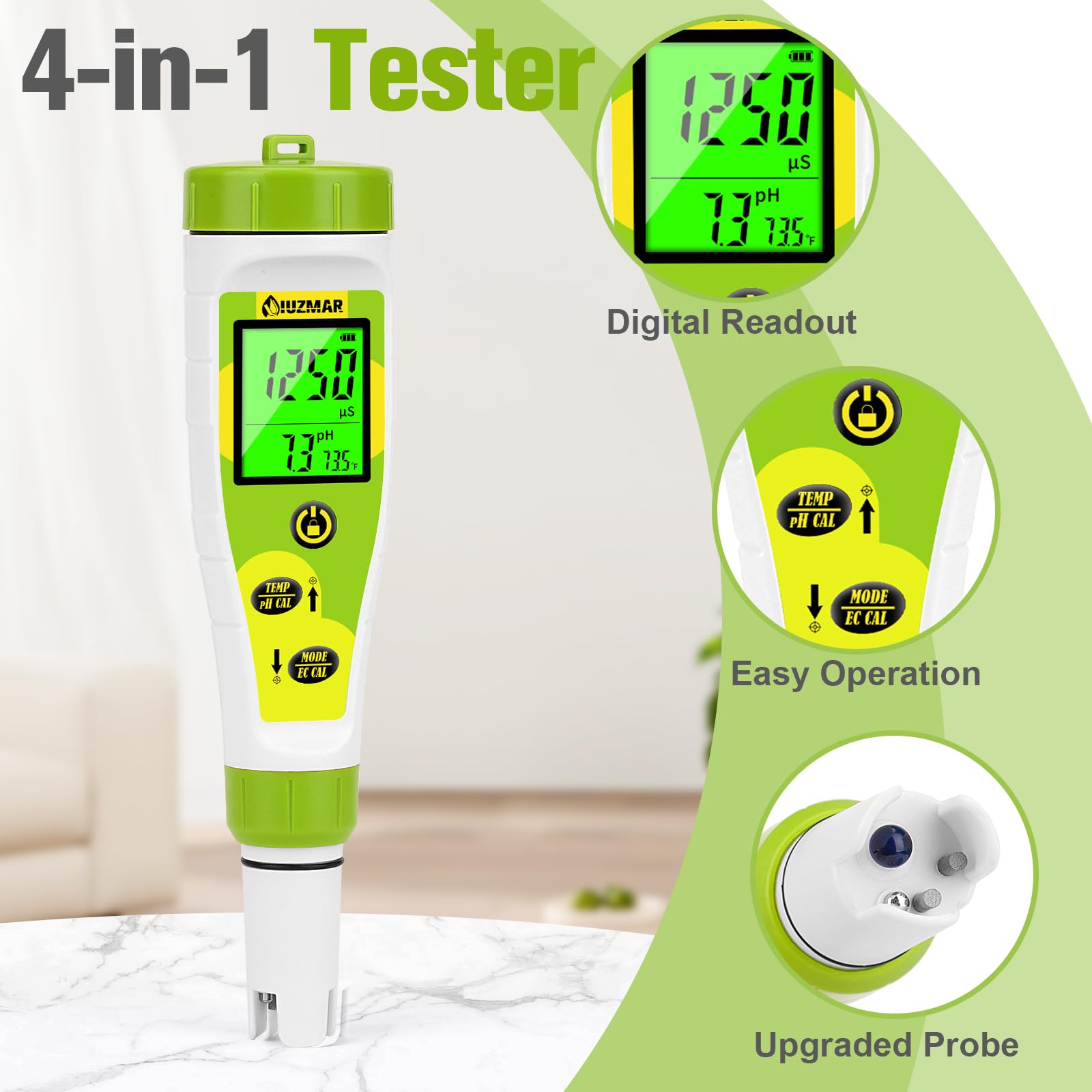 UIUZMAR pH EC Meter for Water Hydroponics PPM and pH Meter for Nutrients Measure pH PPM Conductivity Temperature DWC PH and EC PPM Water Tester for Nutrient Solution EC pH TDS Meter for Water System