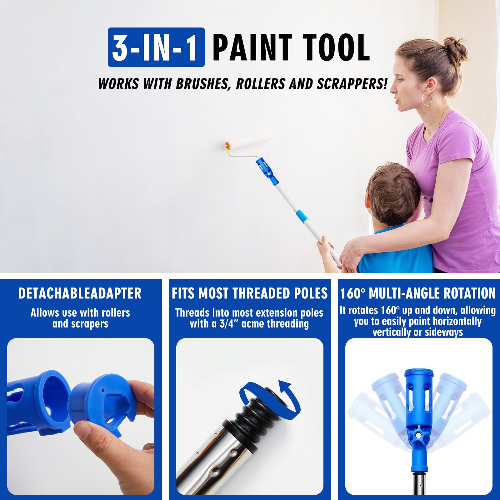 WILLBOND 2 Pcs Paint Brush Extender Multi-Angle Paint Edger Tool for Walls Extension Pole Attachments Roller Scraper Paint Brush Holder Rotating Head Edger Painting Tool for Ceilings Trim Corner