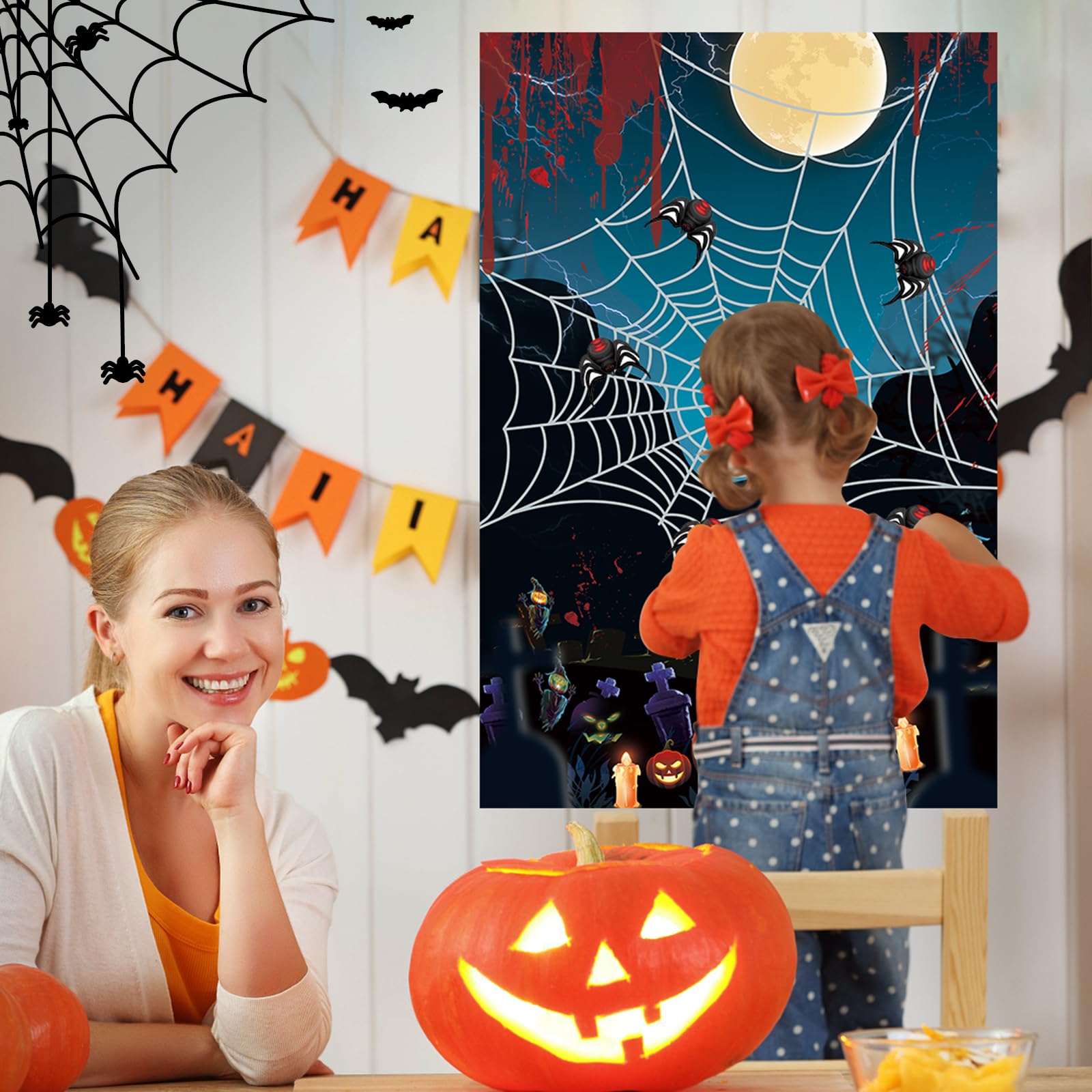 Hxezoc Halloween Pin The Tail Game, Pin The Spider On The Web Game with 36 Pcs Spiders Stickers, Halloween Party Games for Kids Halloween Party Birthday Party Supplies