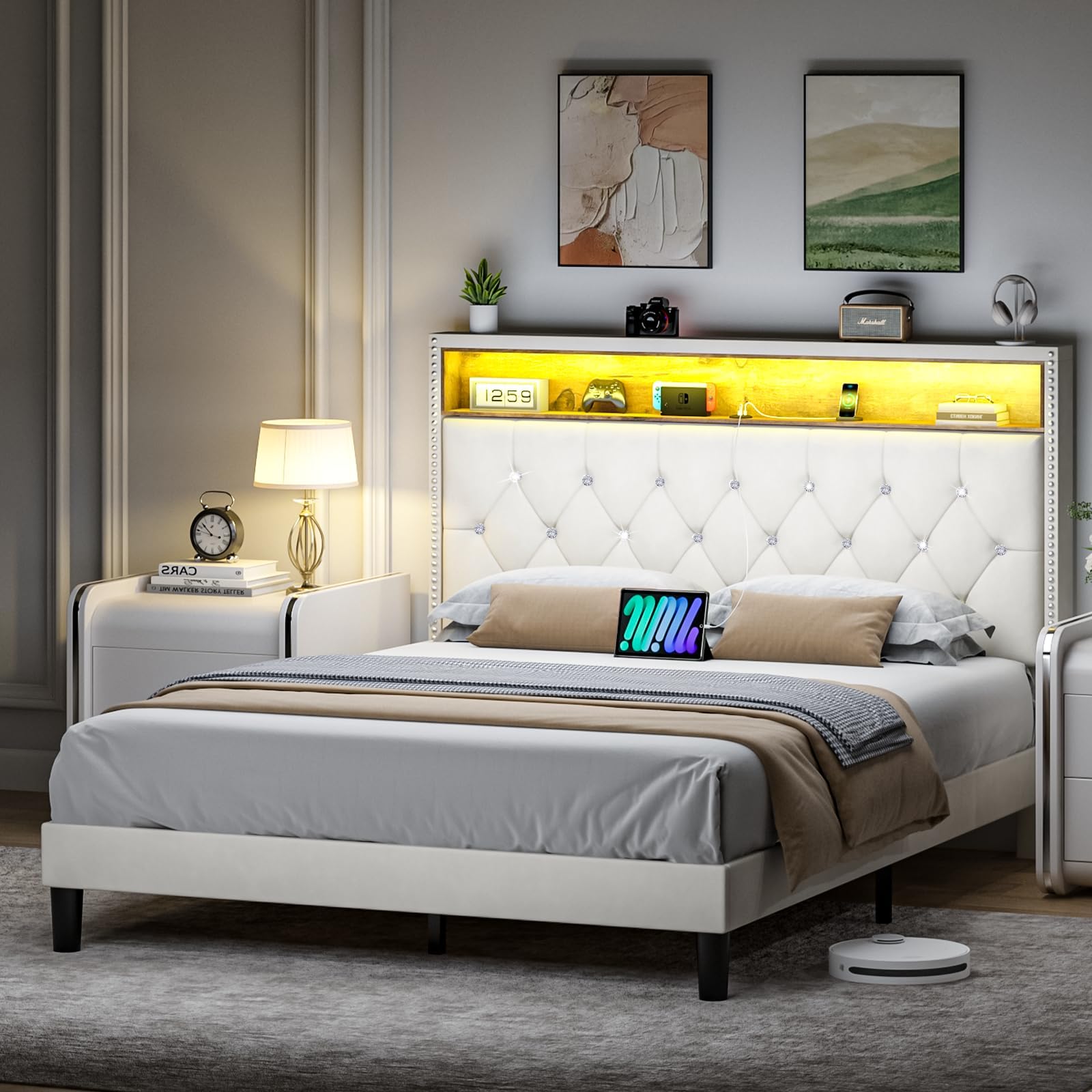 HOMBCK Queen Size Bed Frame with Led Lights, Led Bed Frame with Charging Station & Storage Shelf Headboard, White Velvet Upholstered Bed Frame with Diamond Tufted, No Box Spring Needed, Noise-Free