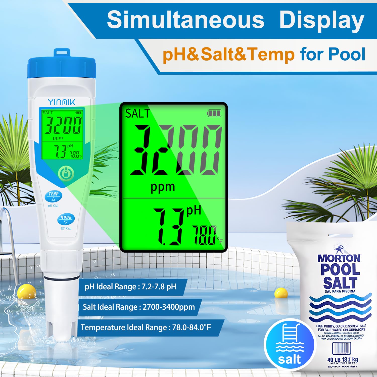 YINMIK pH Salt Meter for Home, Simultaneous Display of pH TDS for Household Water, 2024 New Upgraded 5 in 1 EC Temp Salt TDS pH Tester for Saltwater Pool,Hot Tubs,Home Brewing,Aquarium, Hydroponics