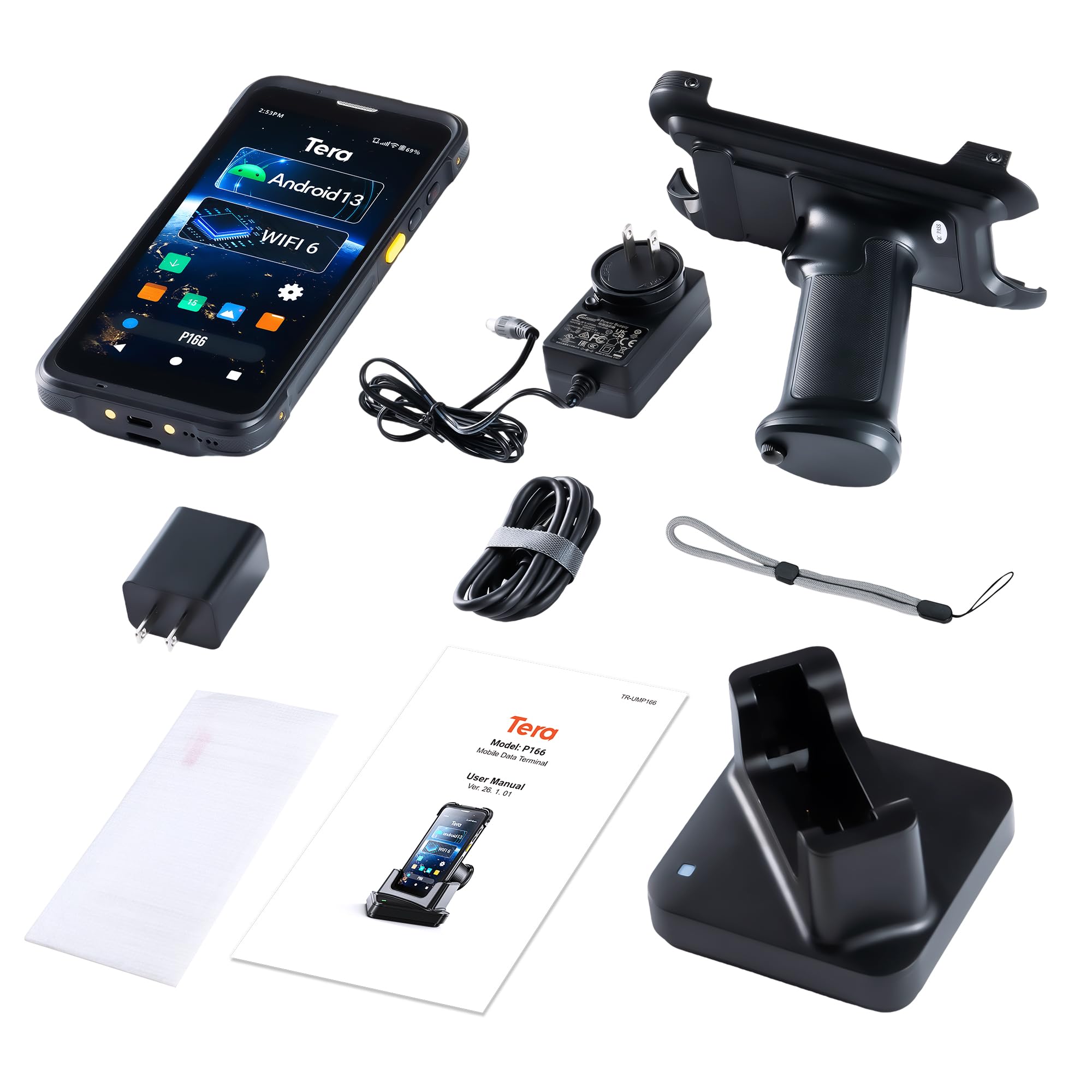 Tera Android 13 Barcode Scanner PDA: with Pistol Grip Charge Cradle Wi-Fi 6 Qualcomm CPU SE4710 Zebra Scanner Data Terminial 5.5” Full Touch Screen IP65 Rugged 4G GPS BT for WMS Management P166GC