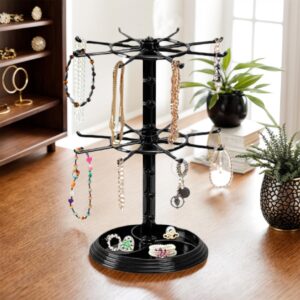 Bracelet Holder Display 2 Tier Rotating Bracelet Display Stand Black with 16 Hooks Multipurpose Adjustable Height Spinning Stable Jewelry Rack with Widened Base & Ring Holder, Keychain Display