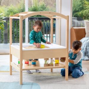 guidecraft sensory table system with lid for kids - sand and water table with large play bin, chalkboard, and arch | toddler activity table center for indoor and outdoor use