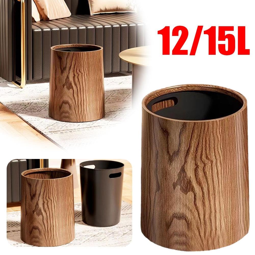 12/15L Trash Can with Lid,Wood Grain Trash Can,Walnut Brown Wood Grain Bathroom Garbage Can with Swing Top Lid,Household Trash Can with Removable Interior Waste Bucket for Home Office (Medium)