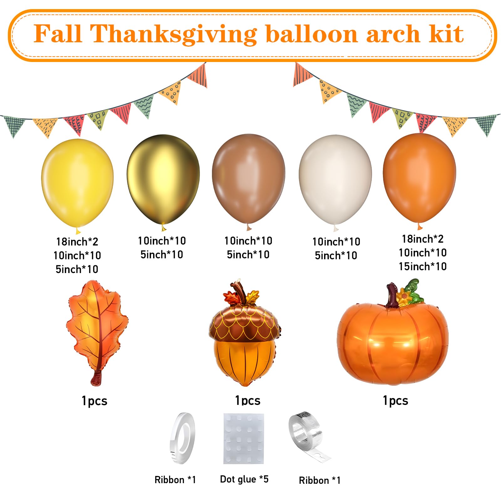 Fall Thanksgiving Balloon Arch Kit Orange Yellow Brown Balloons with Pumpkin Acorn Foil Balloons for Fall Thanksgiving Autumn Harvest Baby Shower Friendsgiving Turkey Party Decorations