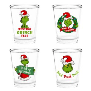 arsemica funny grinchs shot glasses, novelty christmas drinking cups, 4 pack 2oz grinchy wine glasses, xmas white elephant gifts for christmas stocking stuffers