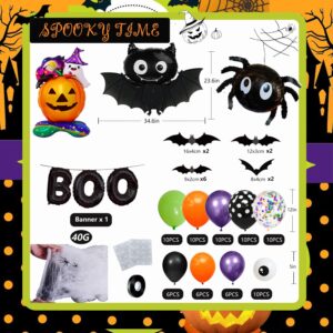 Halloween Balloons Decorations, Halloween Balloon Arch Kit with Pumpkin Bats Spider, Purple Orange and Black Eye BOO Balloons Halloween Balloon Garland for Halloween Party Supplies