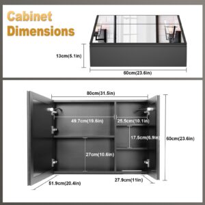 Lighted Medicine Cabinet with Mirror, Led Medicine Cabinet with Color Adjustment and Anti-Fog Mirror, Easy to Install 2 Doors Aluminum Wall Mounted Cabinet 31.5'' x 23.6'',Black