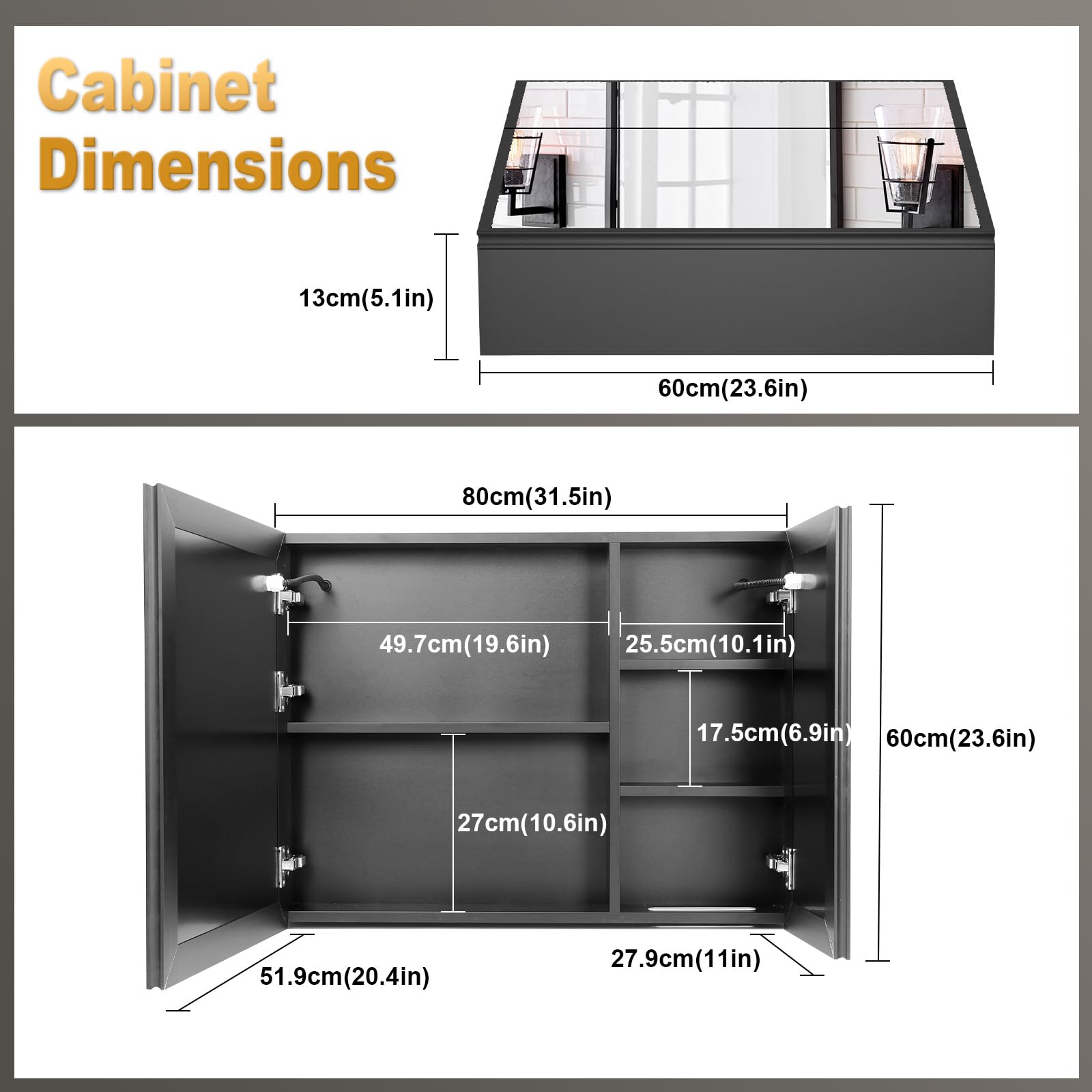 Lighted Medicine Cabinet with Mirror, Led Medicine Cabinet with Color Adjustment and Anti-Fog Mirror, Easy to Install 2 Doors Aluminum Wall Mounted Cabinet 31.5'' x 23.6'',Black