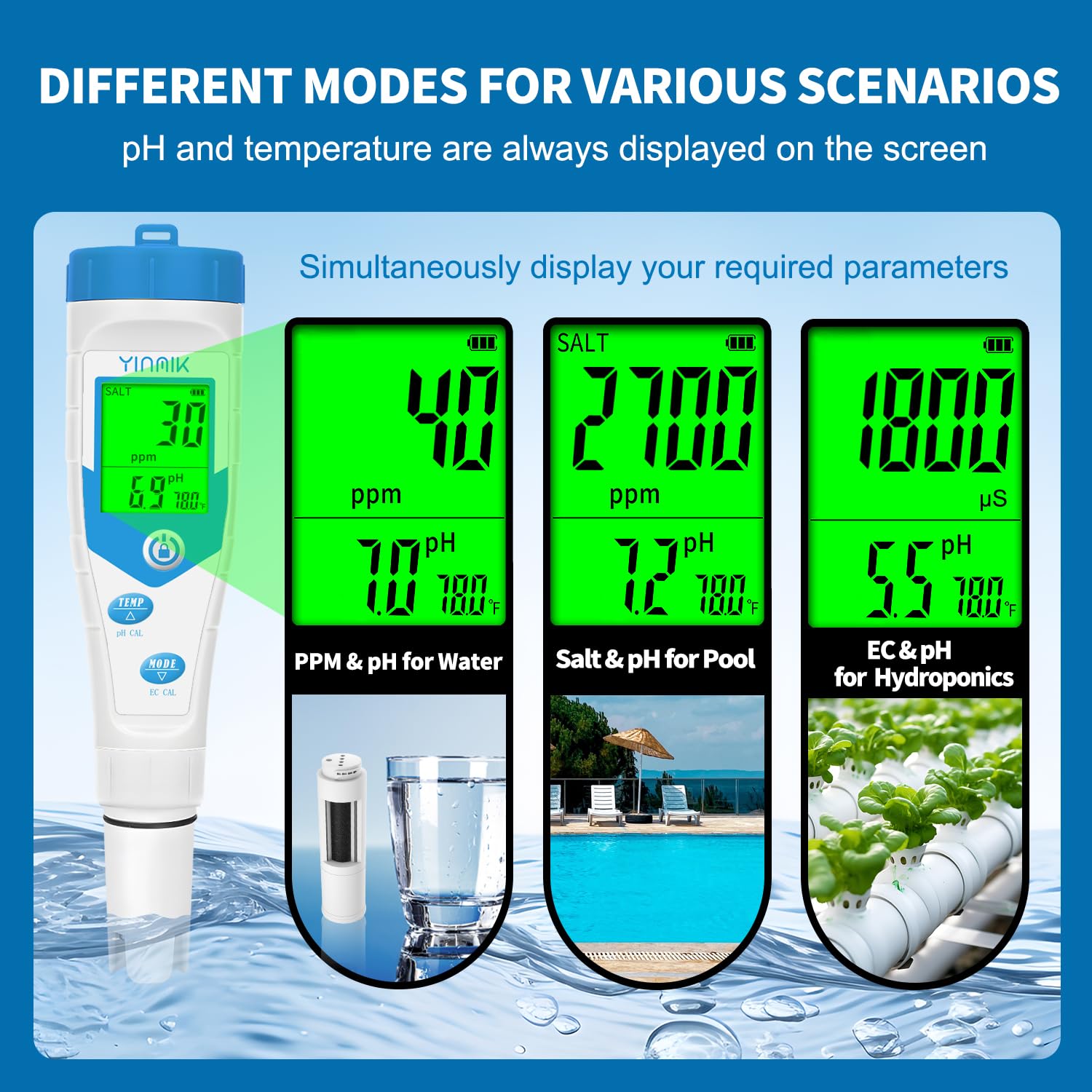 YINMIK pH Salt Meter for Home, Simultaneous Display of pH TDS for Household Water, 2024 New Upgraded 5 in 1 EC Temp Salt TDS pH Tester for Saltwater Pool,Hot Tubs,Home Brewing,Aquarium, Hydroponics