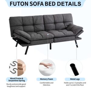 MUUEGM Convertible Futon Sofa Bed, Futon Couch Filled with Memory Foam, Ajustable Backrest Armrest Folding Sofa Bed for Living Room, Small Space, Apartment, Loveseat Daybed for Sleeper Dark Gray