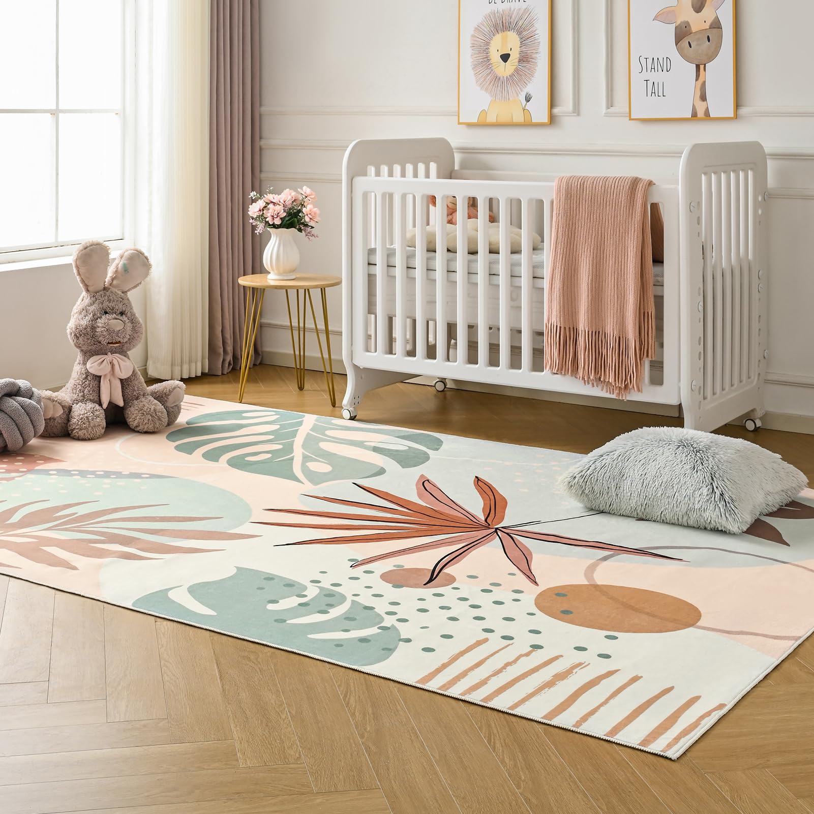 OIGAE 5x7 Area Rugs, Washable Nursery Rug for Bedroom, Living Room, Soft Low Pile Non-Slip Throw Carpet for Home, Classrom, Office, Pink