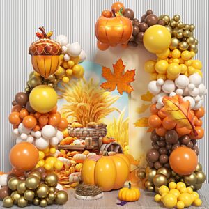 Fall Thanksgiving Balloon Arch Kit Orange Yellow Brown Balloons with Pumpkin Acorn Foil Balloons for Fall Thanksgiving Autumn Harvest Baby Shower Friendsgiving Turkey Party Decorations