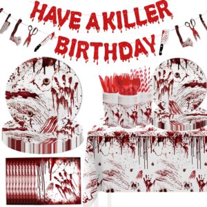 mehofond have a killer birthday decoration, 194pcs halloween scream party tableware decorations include killer banner bloody hand print plates napkins tablecloth for horror themed birthday supplies