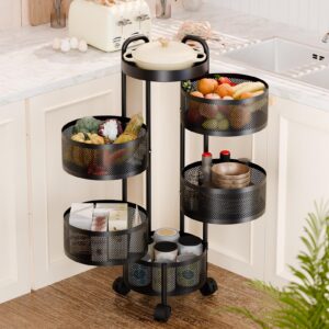 kitchen storage rack 5-tier circular rotating basket,vegetable rack rotating kitchen storage rack with 360 degree wheels,fruit basket floor stand shelf fruit tower for kitchen black