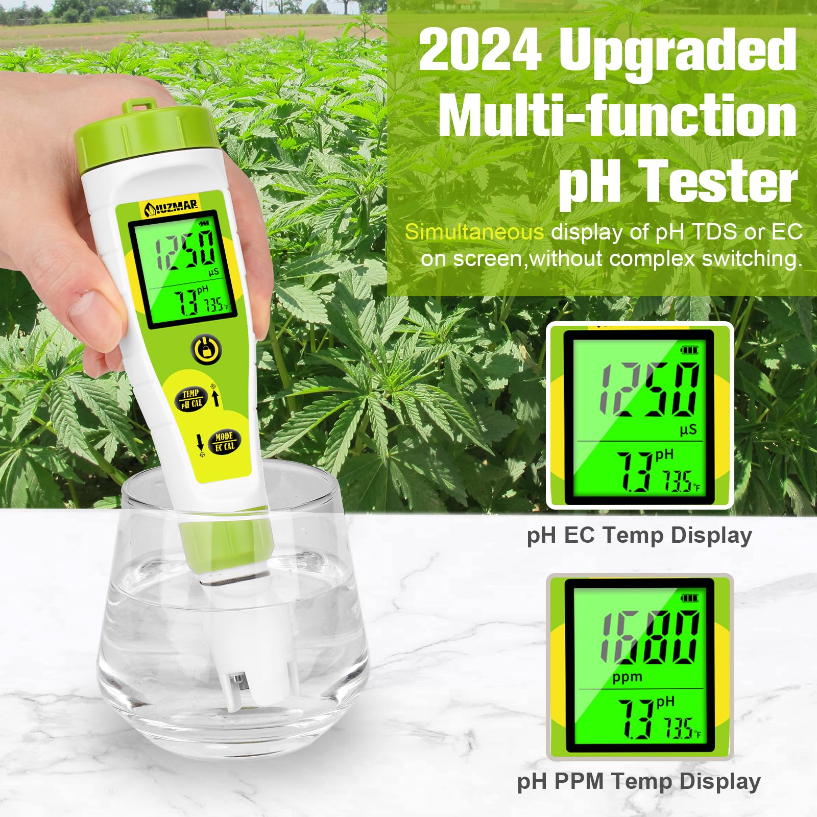 UIUZMAR pH EC Meter for Water Hydroponics PPM and pH Meter for Nutrients Measure pH PPM Conductivity Temperature DWC PH and EC PPM Water Tester for Nutrient Solution EC pH TDS Meter for Water System