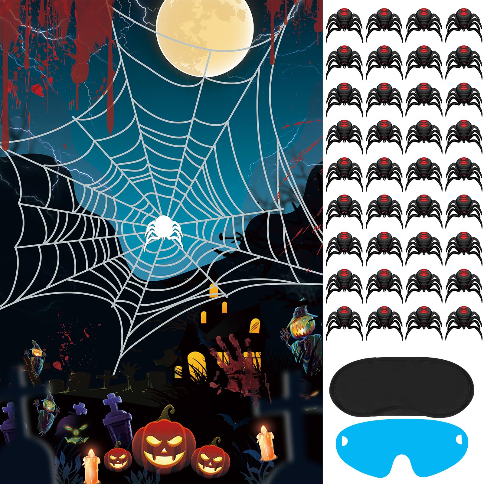 Hxezoc Halloween Pin The Tail Game, Pin The Spider On The Web Game with 36 Pcs Spiders Stickers, Halloween Party Games for Kids Halloween Party Birthday Party Supplies