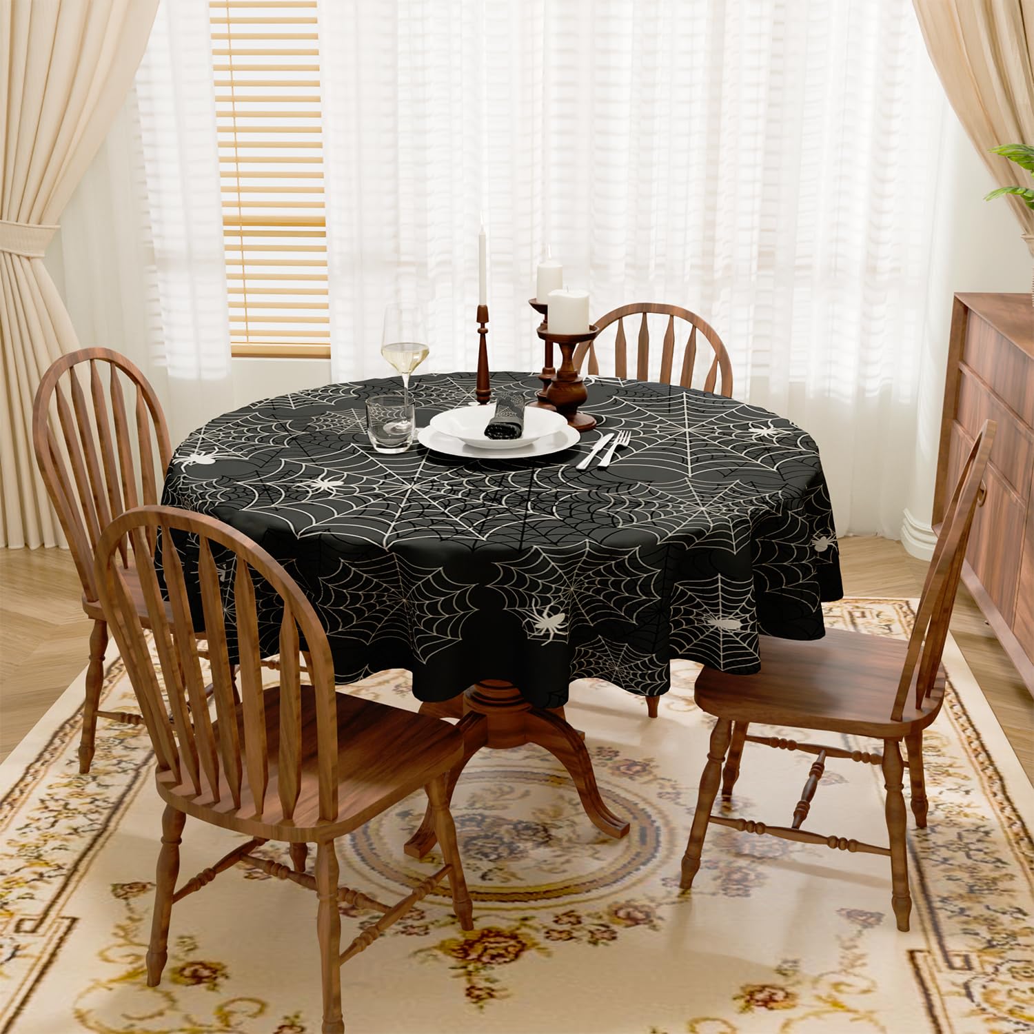 AUSHENKE Halloween Polyester Tablecloth Fabric Round Black Spider Web Tablecloth Halloween Round Washable Table Cover for Halloween Dinning Table Decorations, 55 Inch