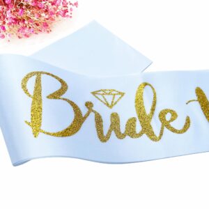 Ashaqshnglee Bride to Be Sash, Bachelorette Party Sash for Bridal Shower Wedding Party Favors Accessories Supplies Engagement Gifts,White Satin with Glitter Letter Gold