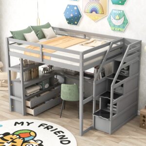 Harper & Bright Designs Gray Full Loft Bed with Staircase and Desk, Wooden Full Size Loft Bed with Storage Shelves & 2 Drawers, Full Loft Bed Frame with Step for Kids Boys Girls Teens