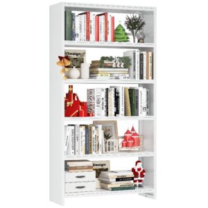 dutysest 5 tiers metal white bookshelf - 69.3" tall bookcase, display storage shelves with bookend, heavy duty steel bookshelves for living room, office, bedroom, library